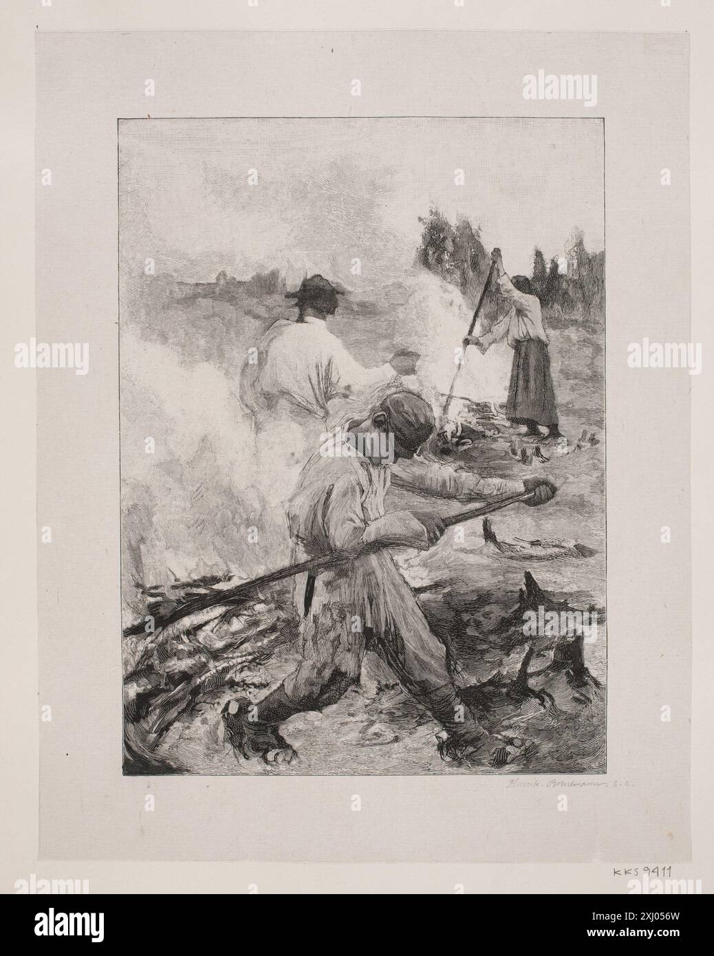 Xylograph print depicting cinder workers (kulsviere), created by Henrik ...