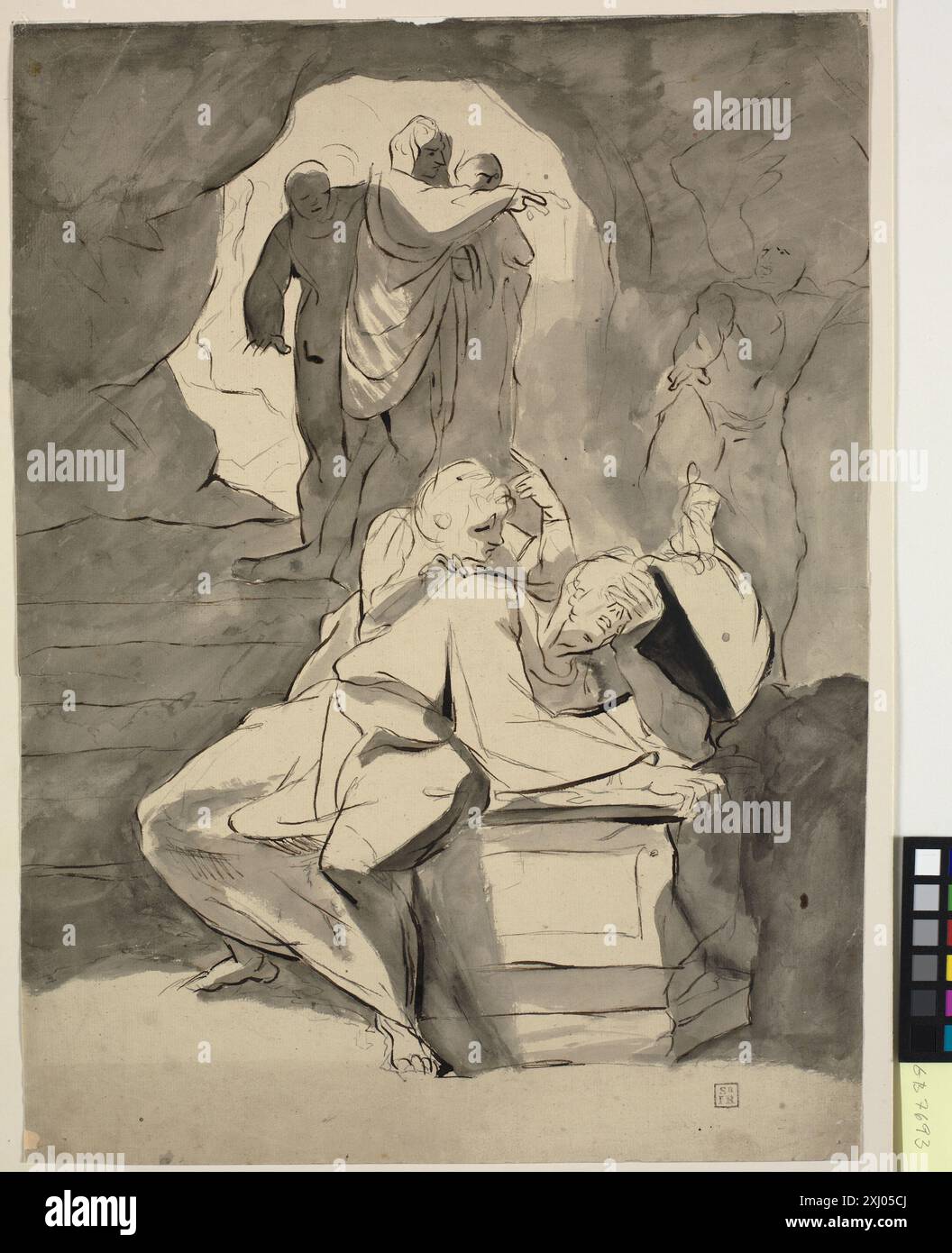 Drawing depicting a man in despair over a tombstone inside a cave ...