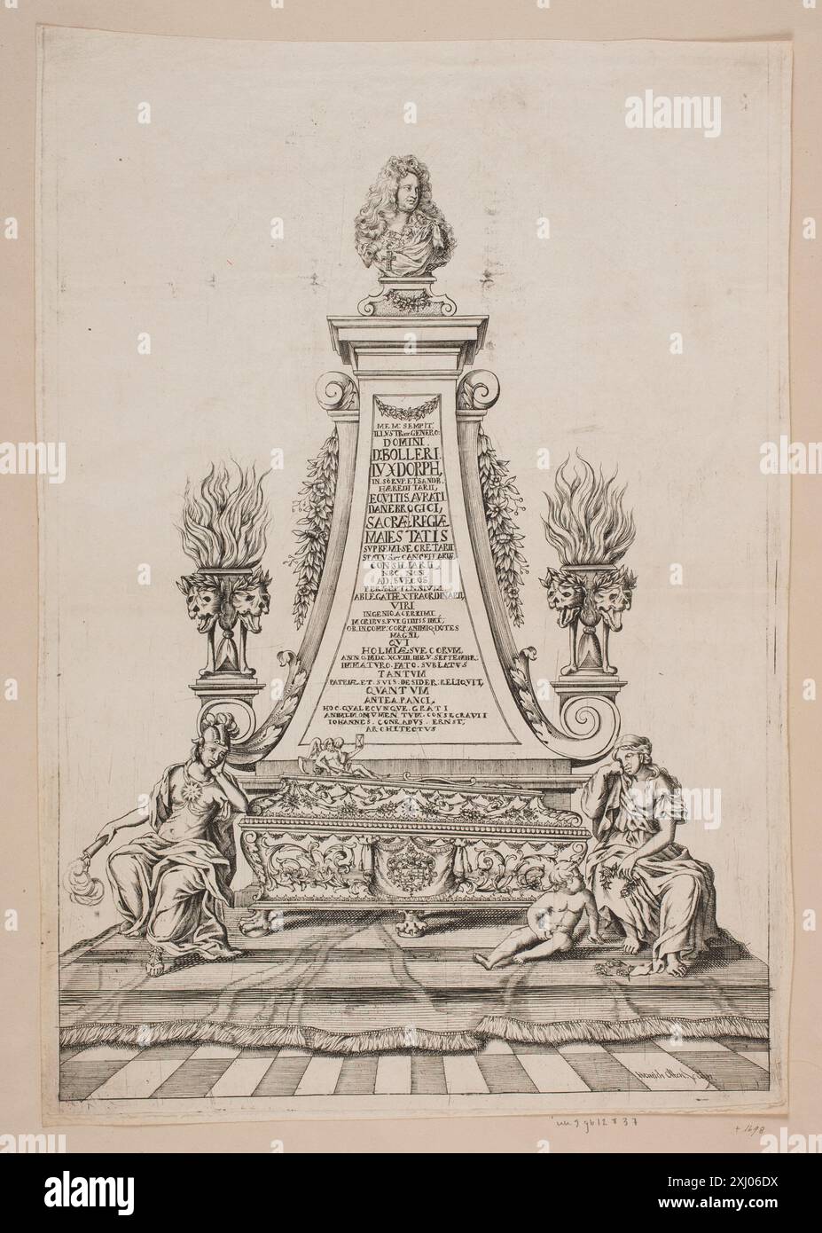 Copper engraving by Heinrich Otten depicting Bolle Luxdorph's monument ...
