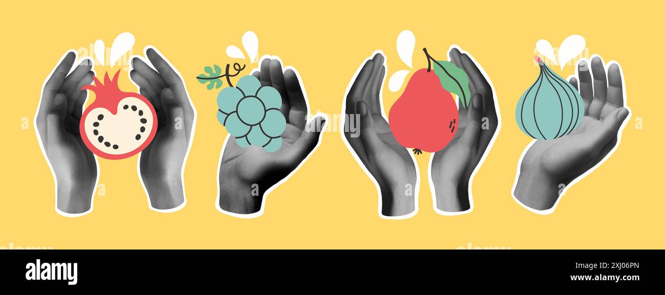 Summer collage hands set with fruits. Trendy vector pieces. Gesture ...