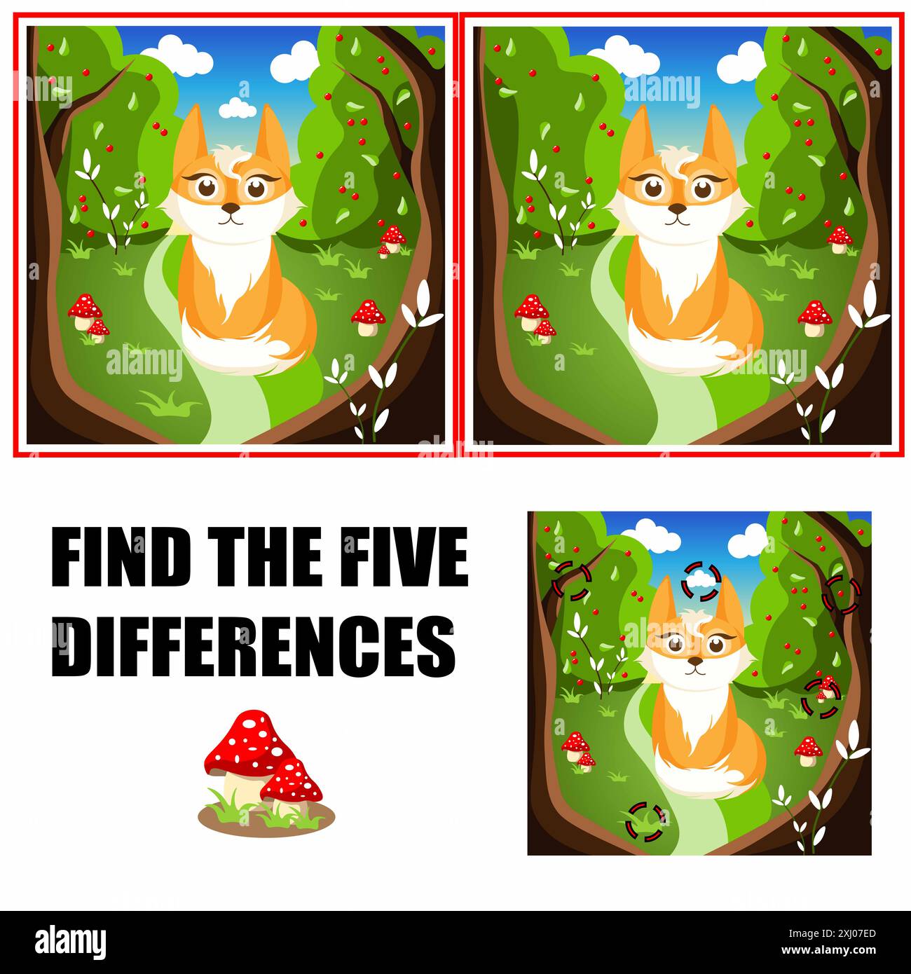 Find differences, education game for children. Cute fox character in ...