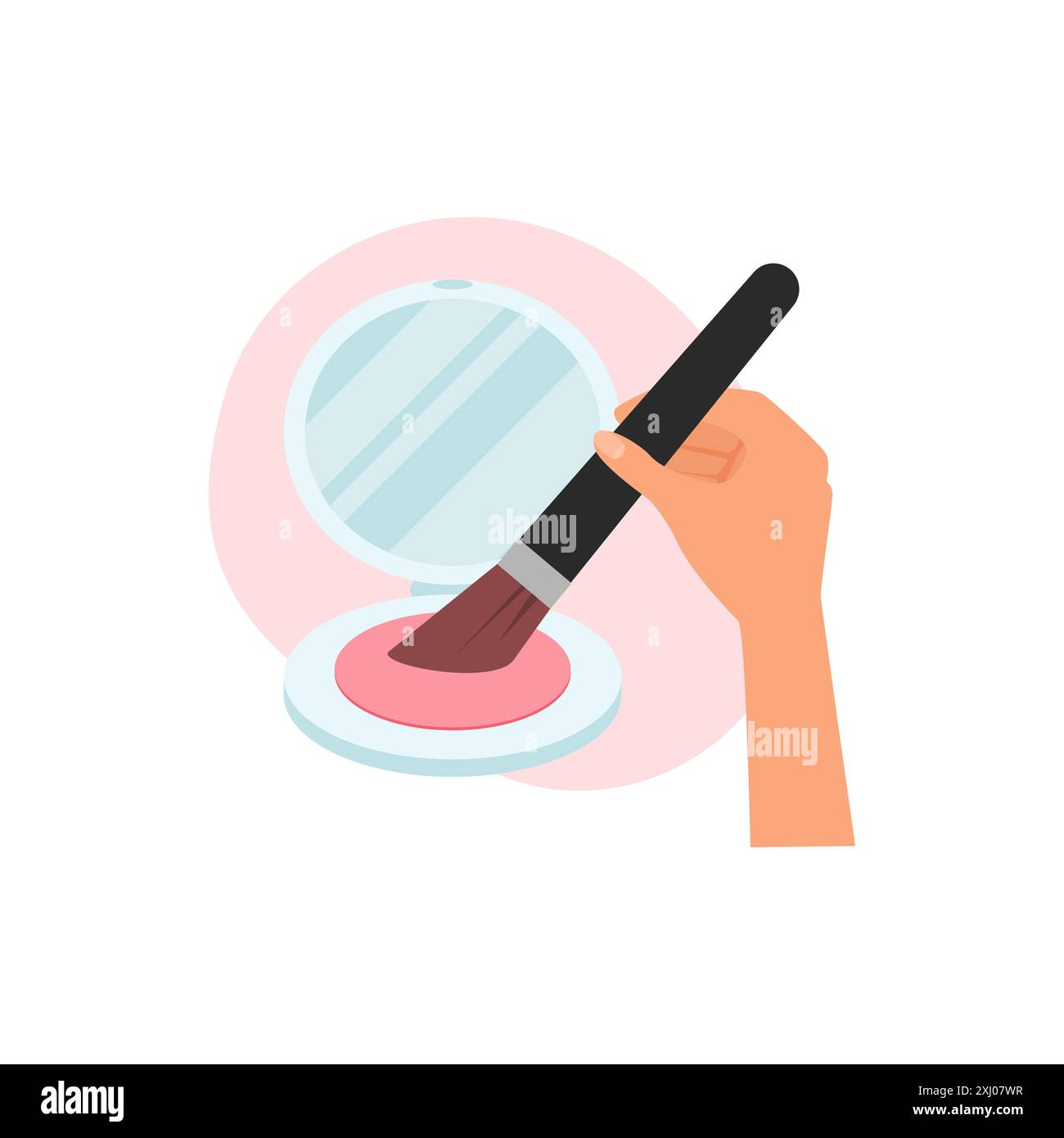 Hand with makeup brush taking compact blush from round package vector ...
