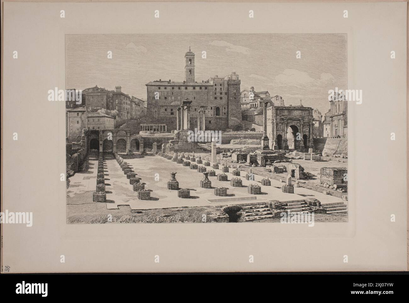 Etching by Karl Jensen depicting the Roman Forum, showing ancient ruins ...