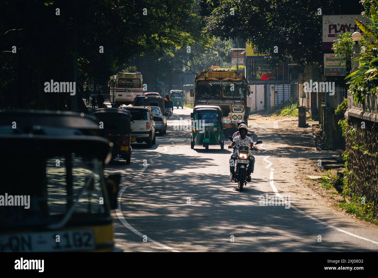 A bustling street scene in a tropical location with various vehicles ...