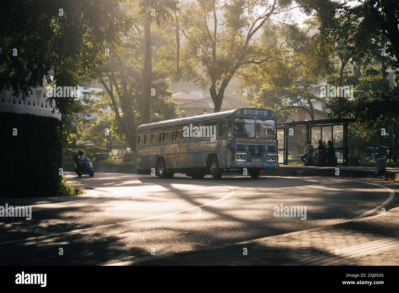 Colorful bus driving on a road in Sri Lanka with a beautiful morning ...