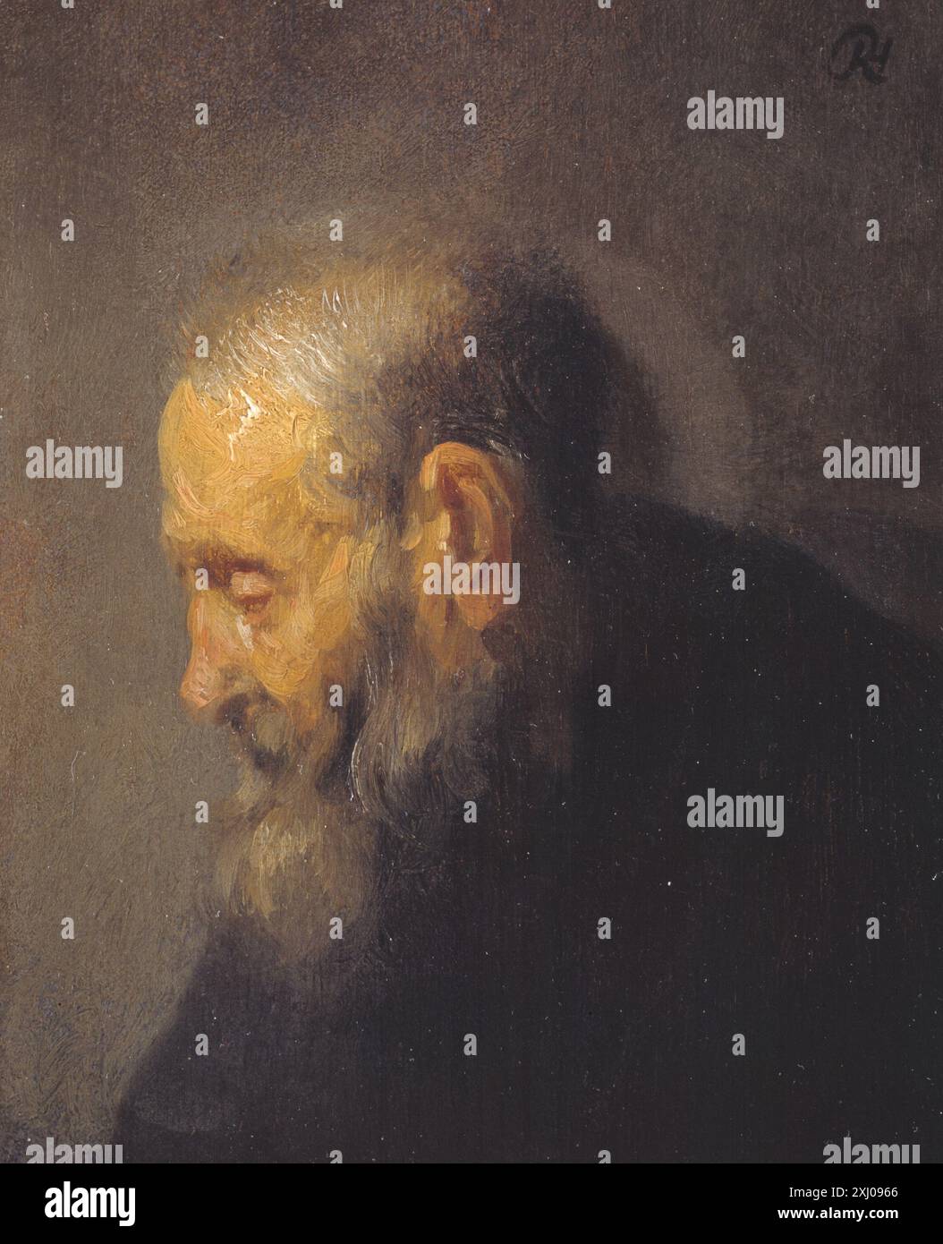 Painting by Rembrandt van Rijn (1606-1669) showing a detailed profile ...