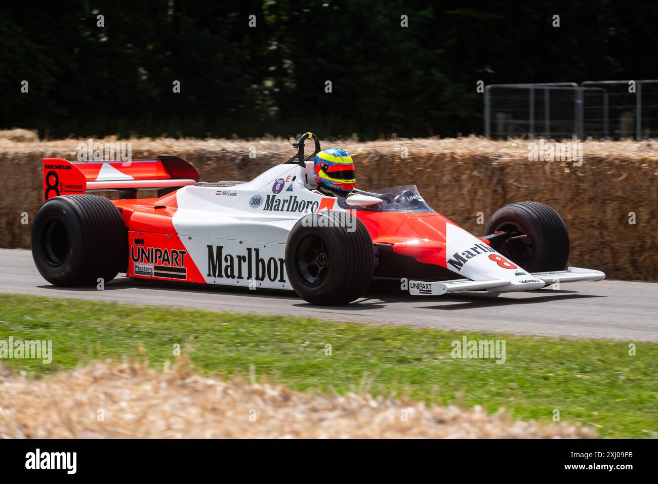1982 McLaren-Cosworth MP4/1B driving up the hill climb track at the ...