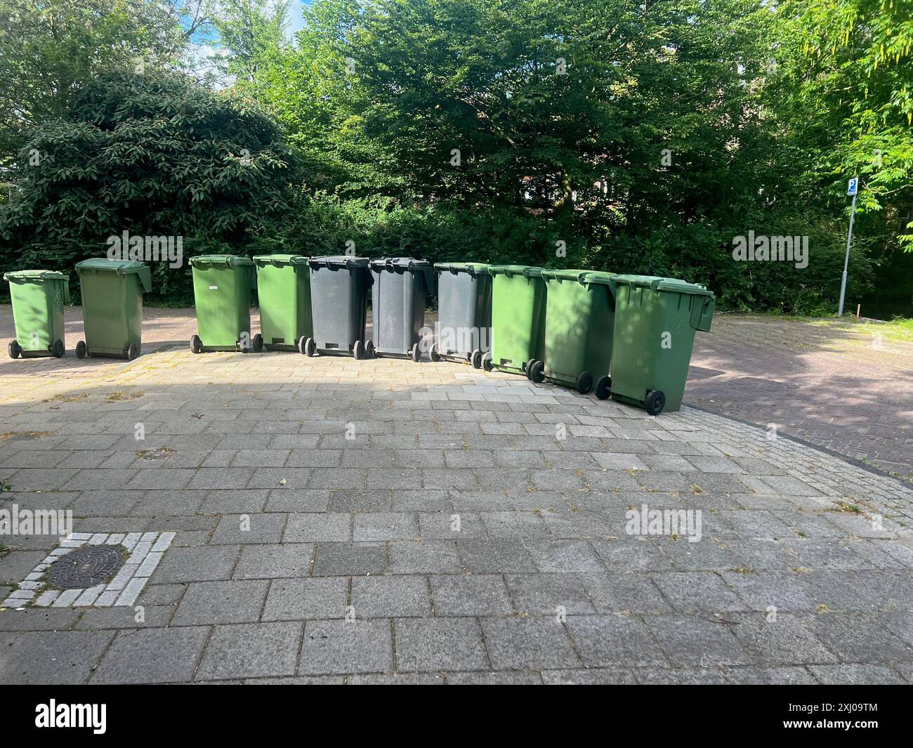 Many green trash bins on city street Stock Photo - Alamy