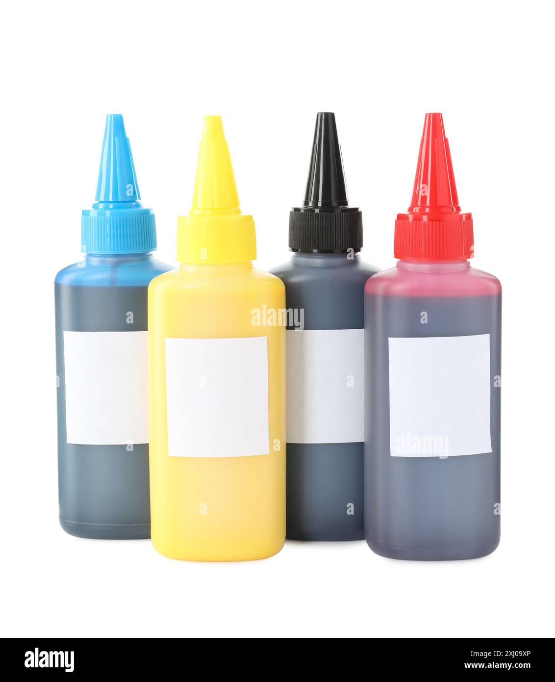 Bottles of different printer ink isolated on white Stock Photo - Alamy