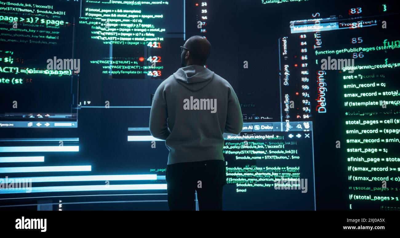 Back View of Young Black Man Looking at Big Digital Screens Glitching While Displaying Code ...