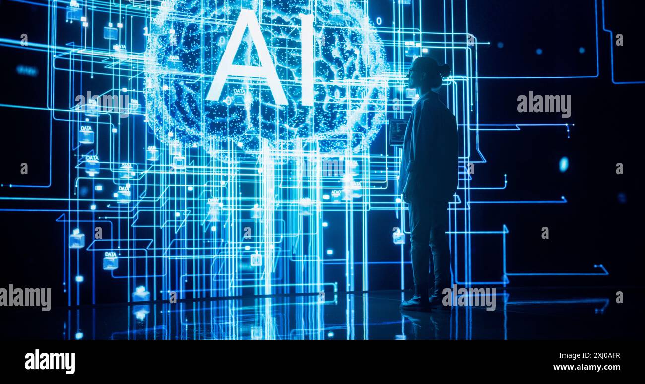 Back View Of Young Woman Looking At A Big Screen With Neural Network 3d