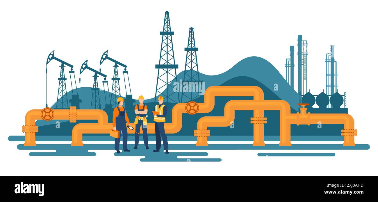 Oil gas workers. Petroleum pipeline engineers. Pipelines and pumps. Energy resources. Fuel ...
