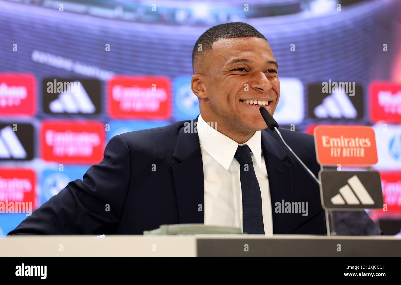 New Real Madrid player Kylian Mbappe speaks during a press conference ...