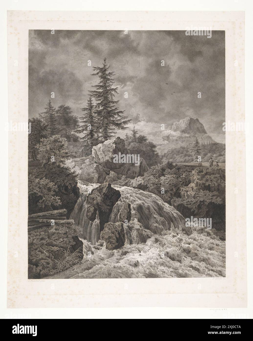 Intaglio print showing a landscape with a waterfall, created by Peter ...
