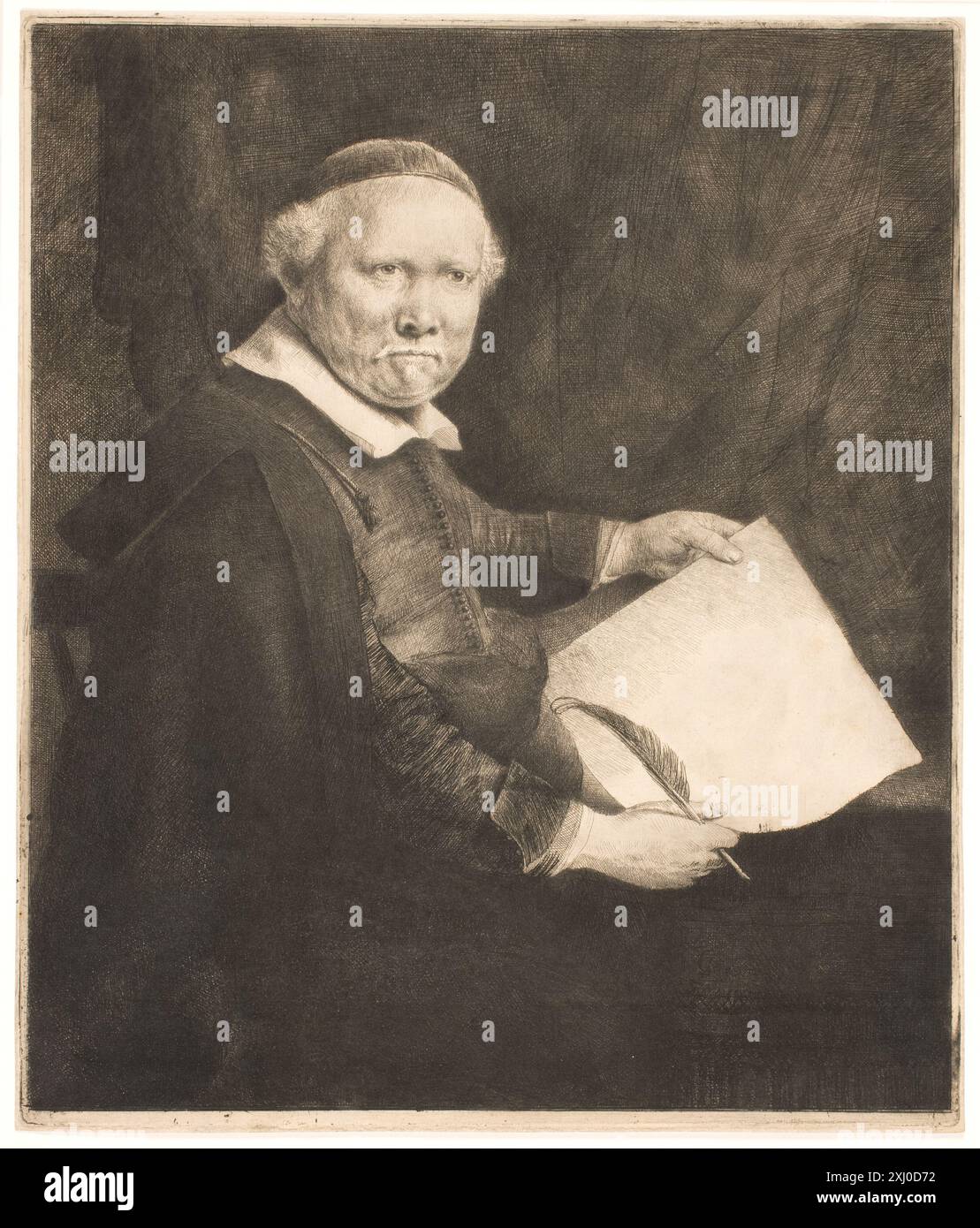 An engraving by Rembrandt depicting the writing master Lieven Willemsz ...