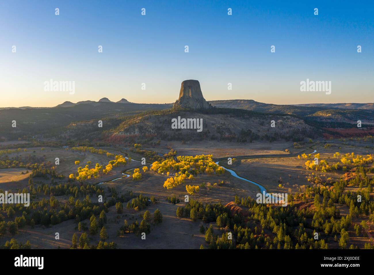 Devils Tower Butte and Belle Fourche River at Sunset in Autumn. Crook ...