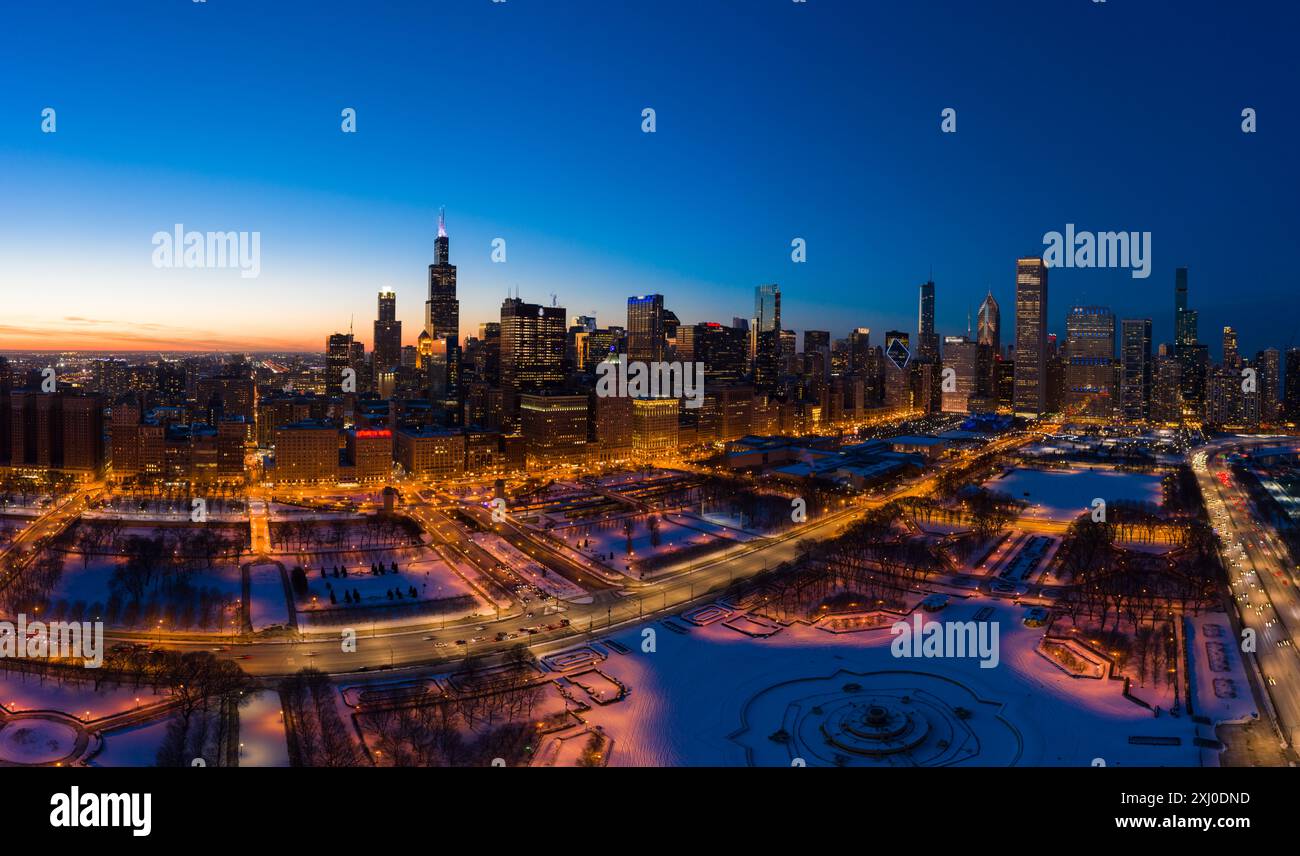 Urban Skyline of Chicago Loop at Night in Winter. Blue Hour. Aerial ...