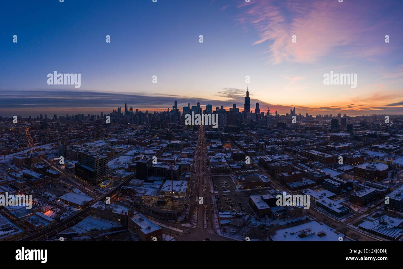 Urban Skyline of Chicago at Sunrise in Frosty Winter Morning. Blue Hour ...