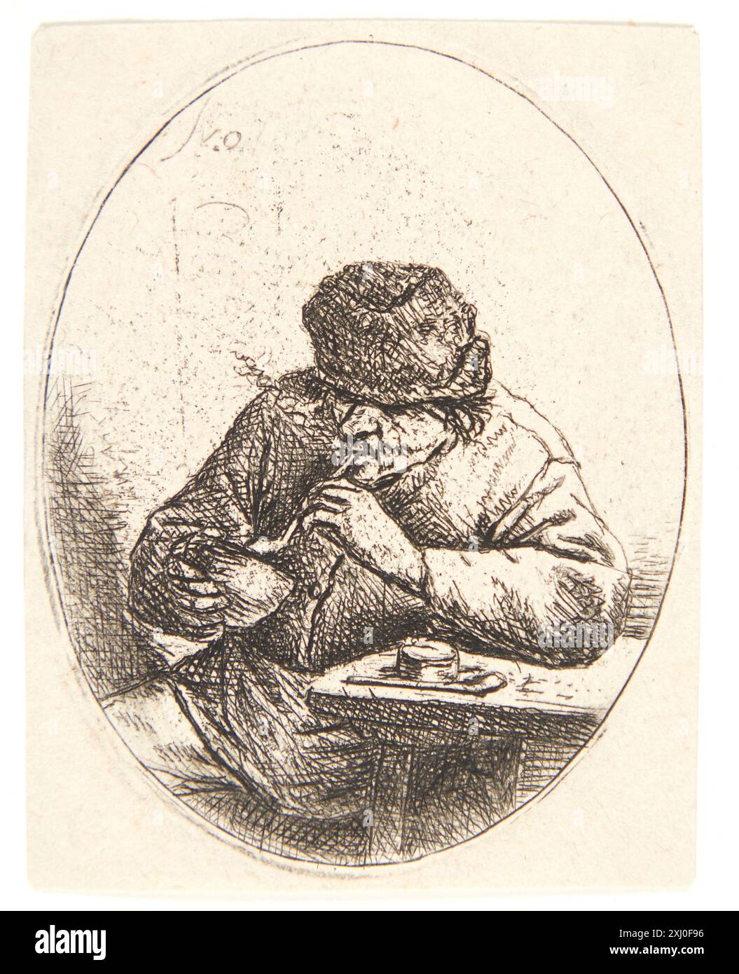 Etching showing a man smoking a pipe, depicting a rural interior scene ...