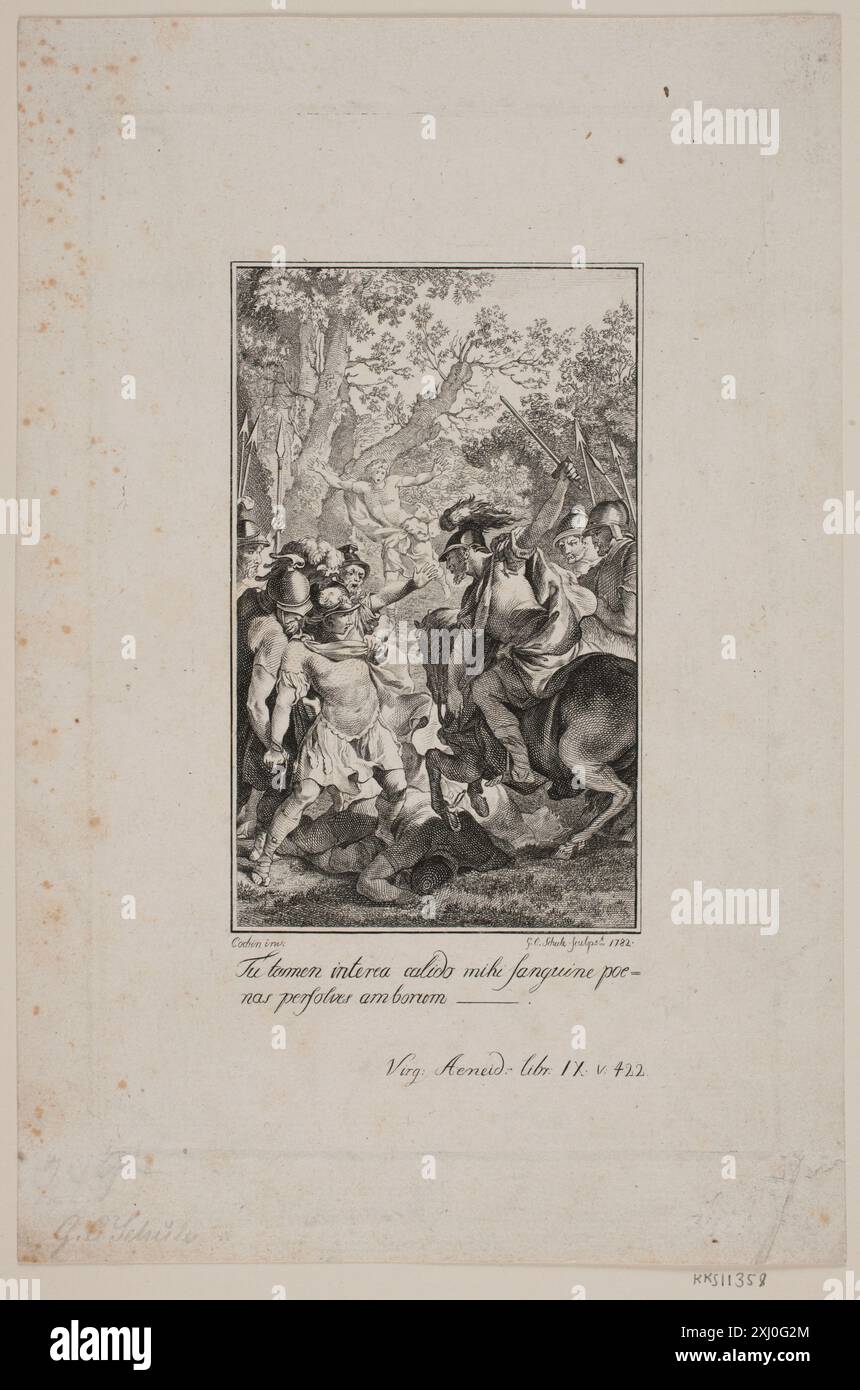 This engraving depicts a scene from Virgil's Aeneid, showing figures in ...