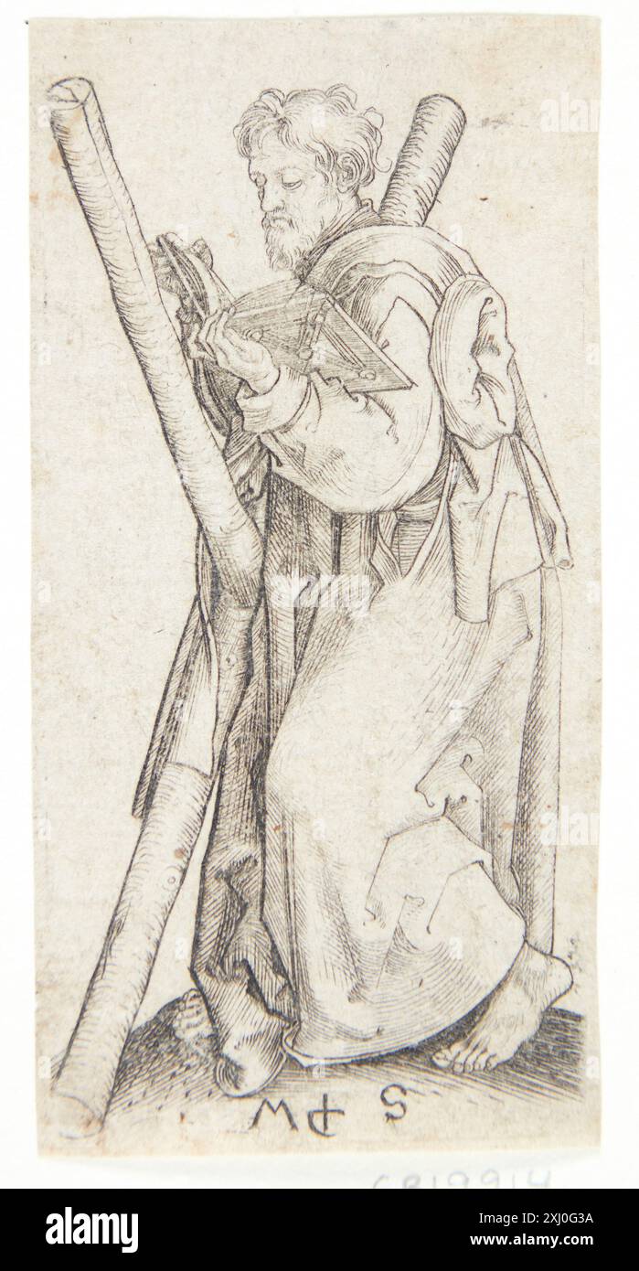 Copper engraving by Martin Schongauer depicting the apostle Andreas, a ...
