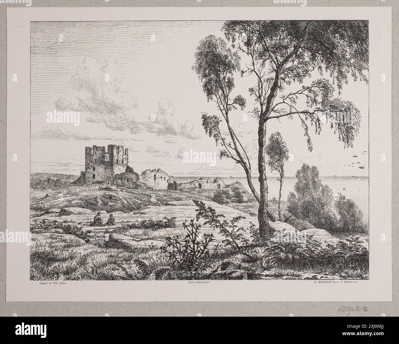 Xylograph depicting a party at Hammershus with figures in period attire ...