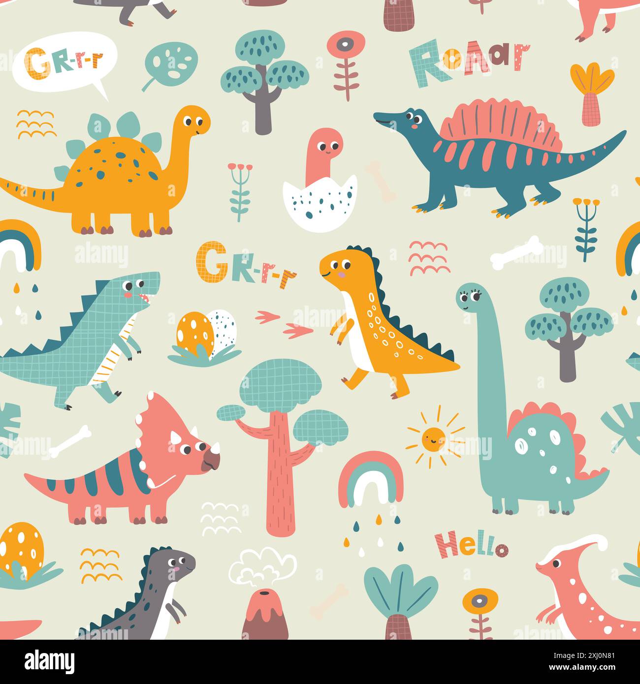 Kids baby pattern with cute dinosaurs, volcano, dino eggs, rainbow ...