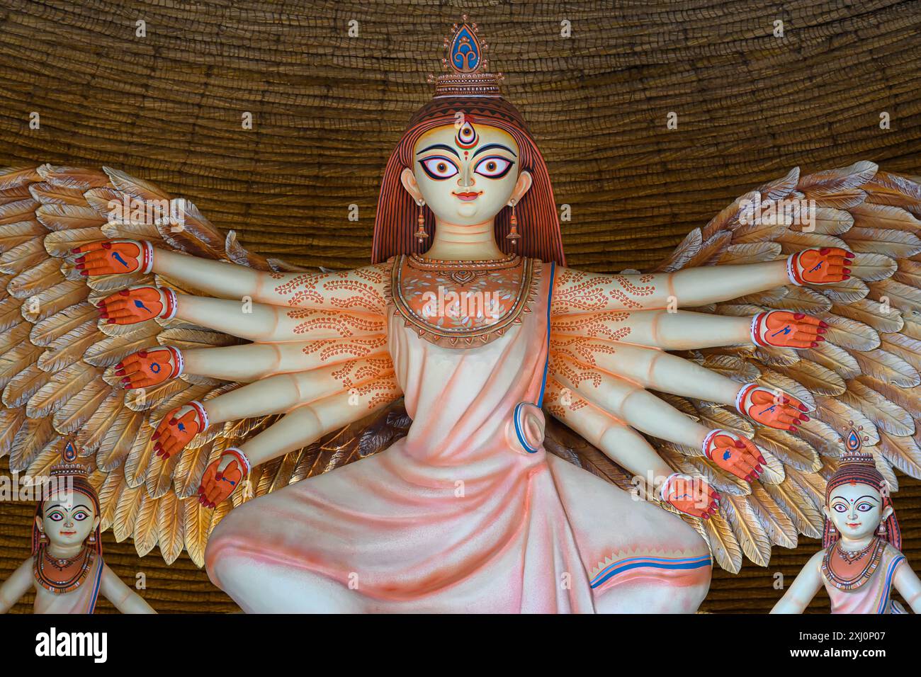 Idol of Goddess Devi Durga at a decorated puja pandal in Kolkata, West ...