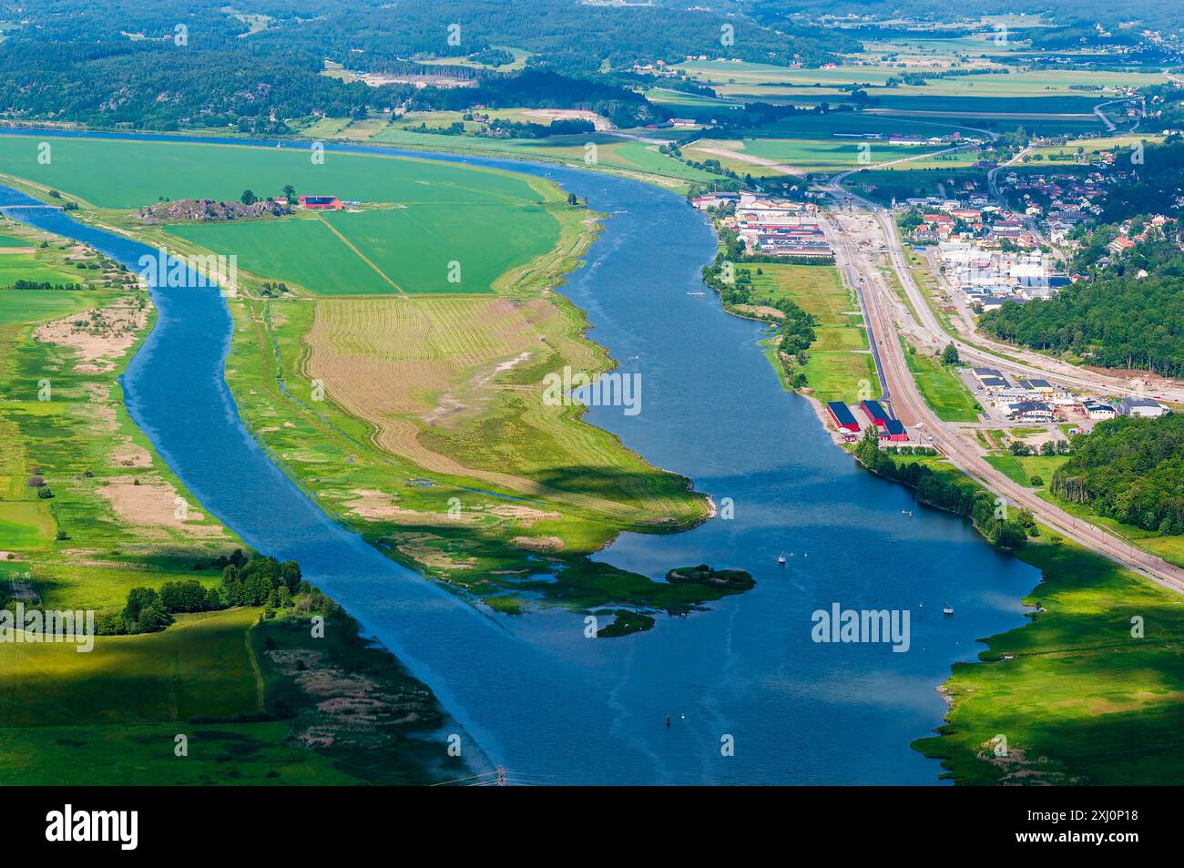An aerial view of the Gota Alv river in Sweden, showcasing its winding ...