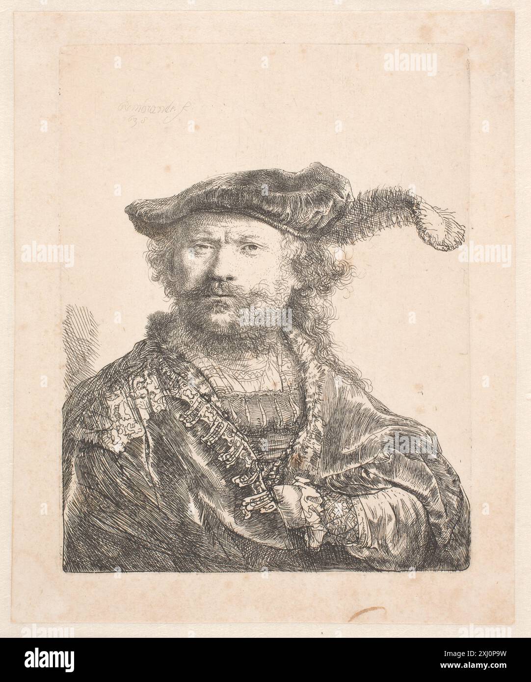 An engraving by Rembrandt van Rijn depicting a self-portrait bust with ...