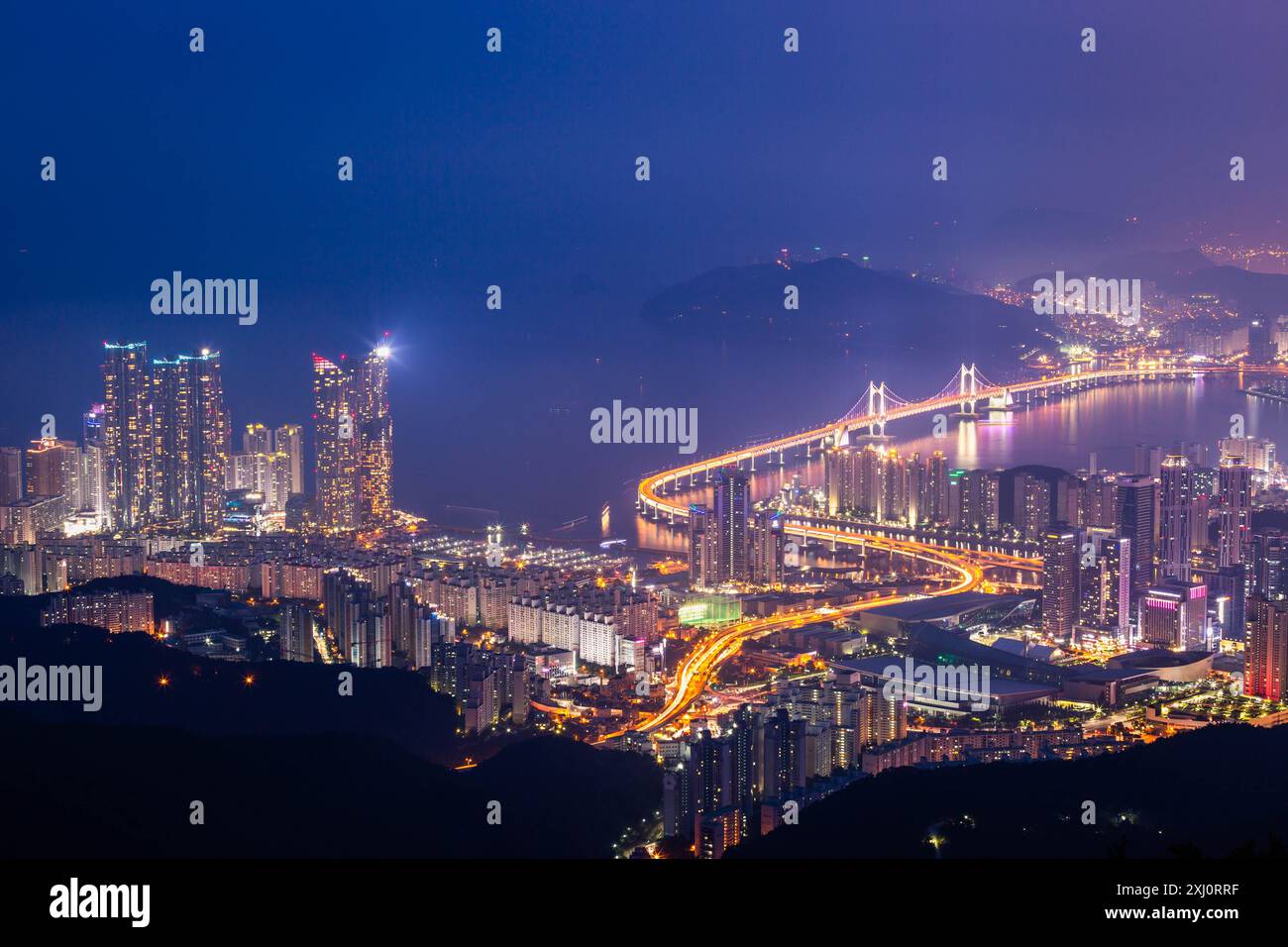 Busan city and skyscrapers in Haeundae district, Gwangan Bridge ...