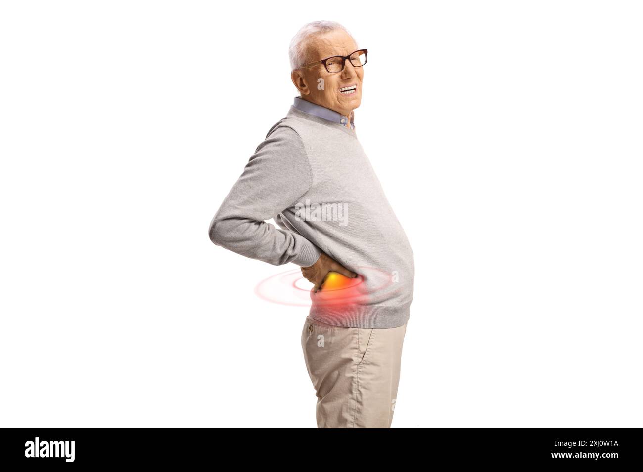 Elderly man with pain in his lower back isolated on white background ...