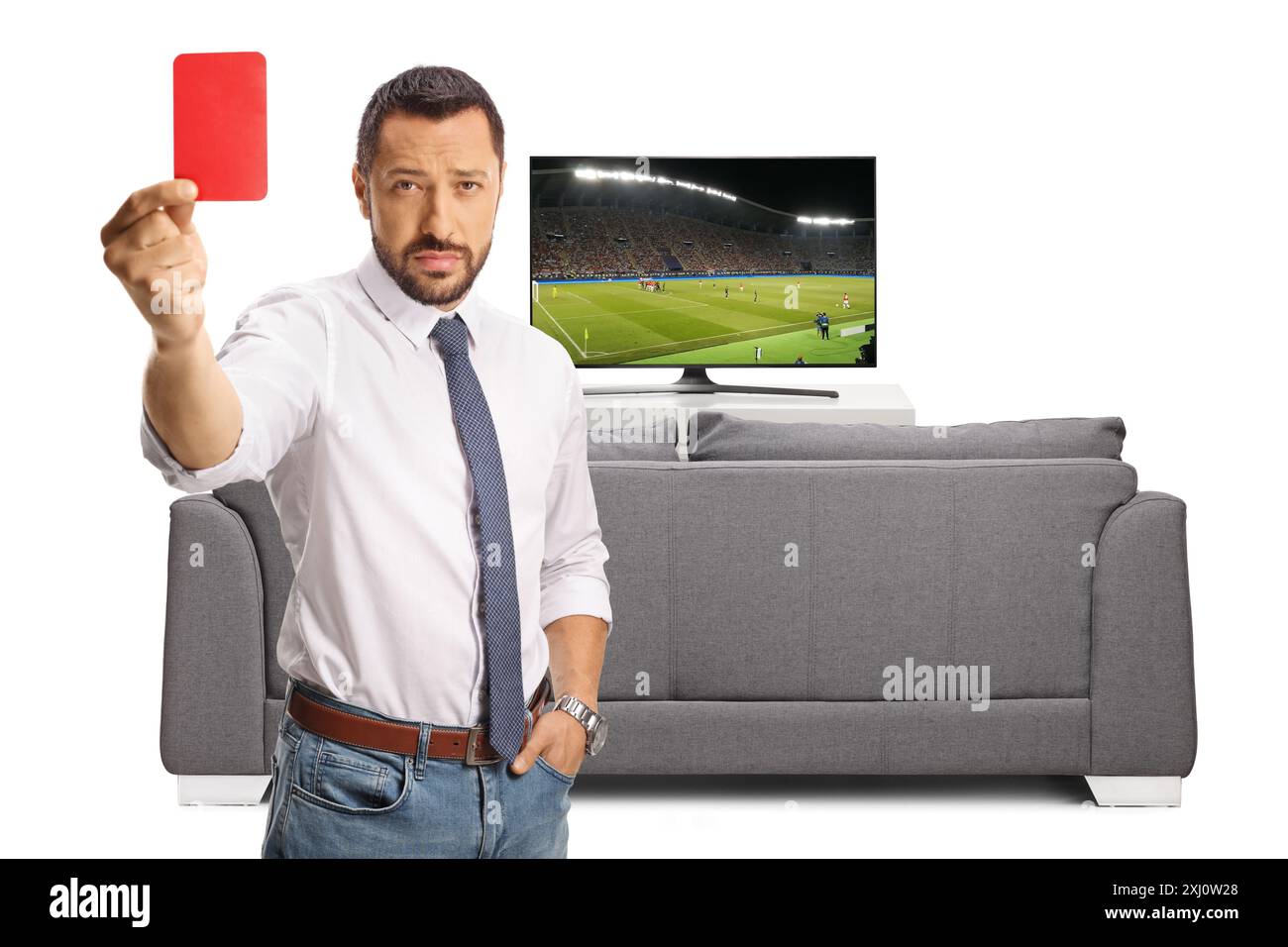 Businessman showing a red card in front of tv isolated on white ...