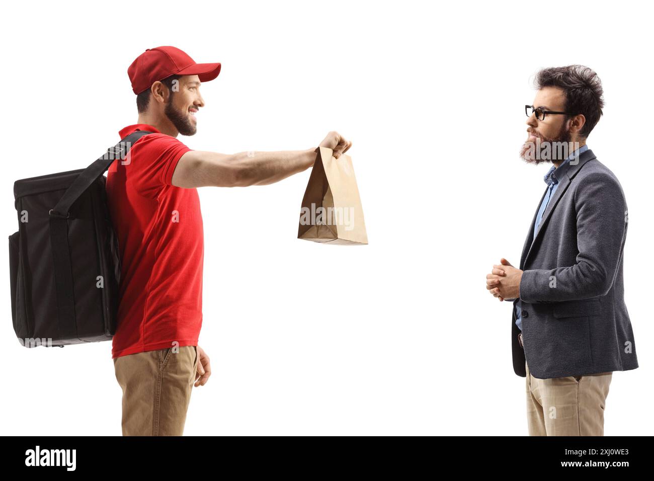 Guy delivering food to a man isolated on white background Stock Photo ...