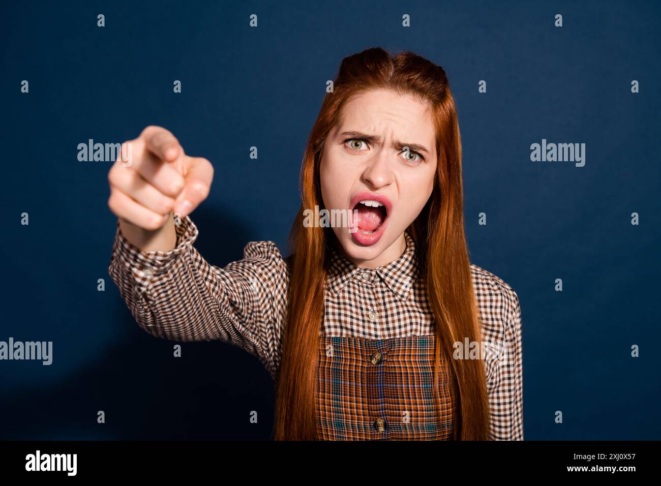 Photo of angry furious lady dressed plaid outfit pointing finger you ...