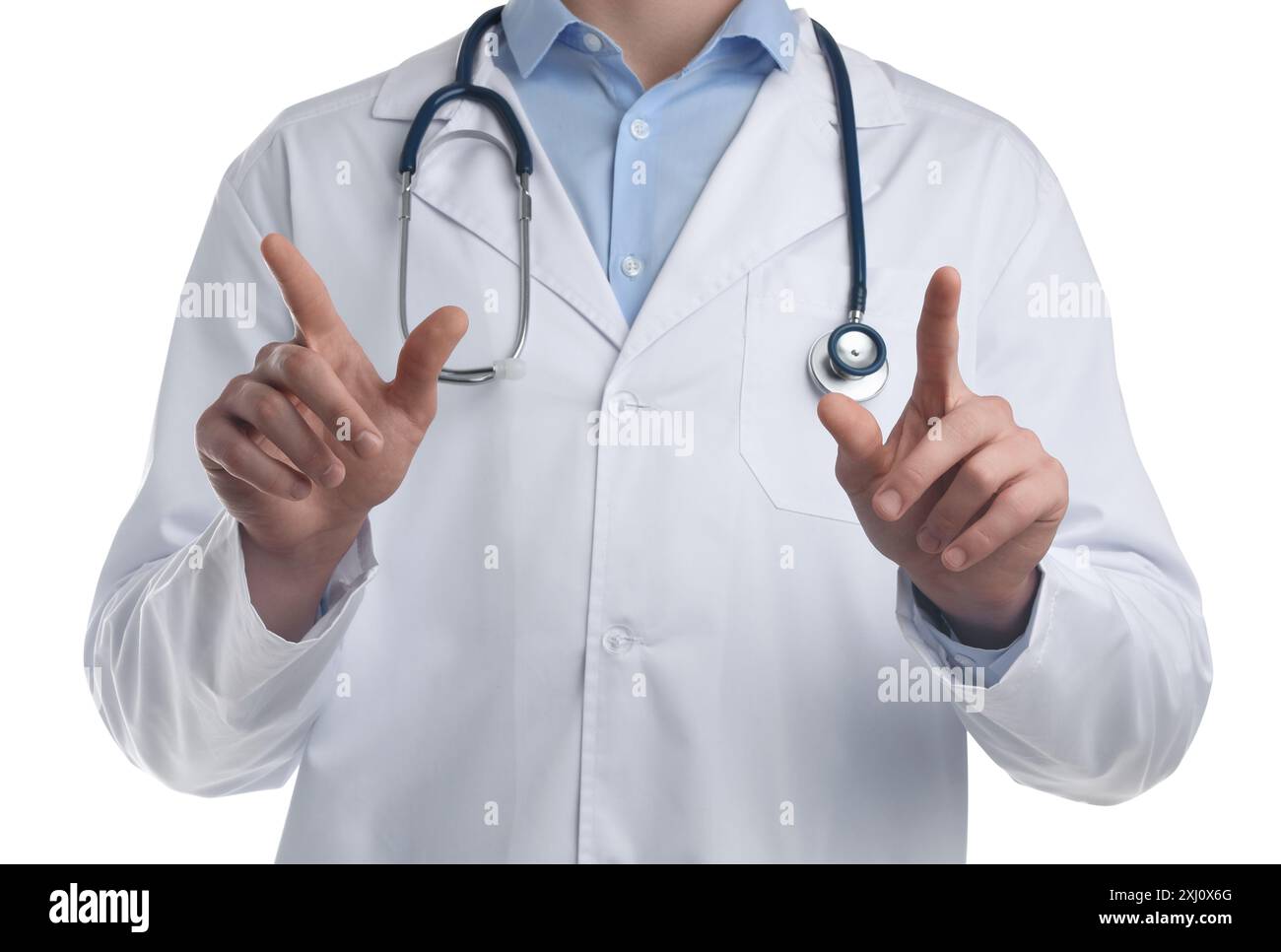 Doctor pointing at something on white background, closeup Stock Photo ...