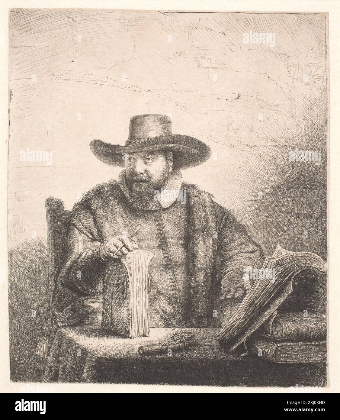 Engraving by Rembrandt van Rijn depicting Mennonite preacher Cornelis ...