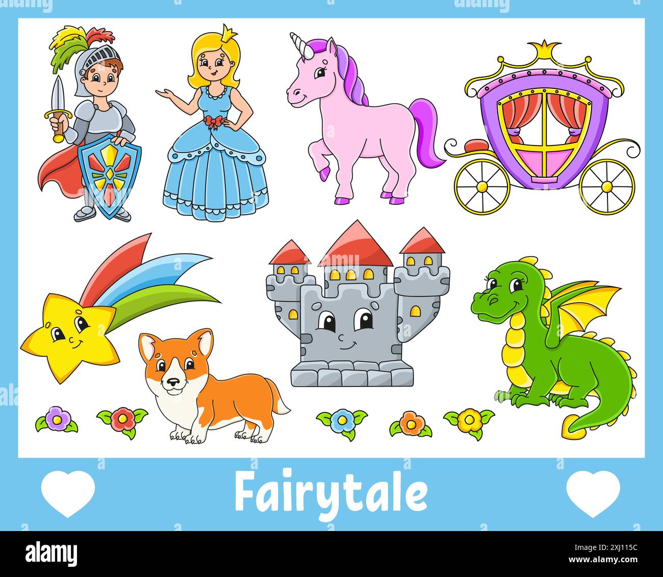Set of stickers with cute cartoon characters. Fantasy clipart. Hand ...