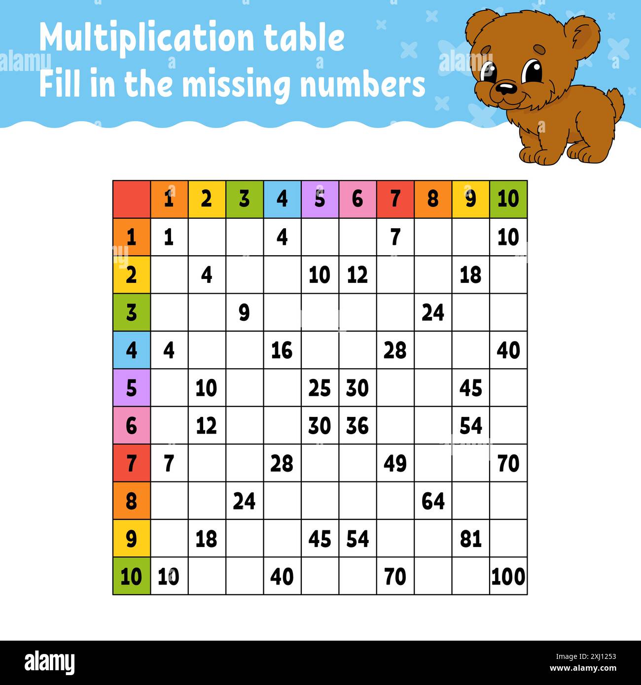 Paste the missing numbers. Learning multiplication table. Handwriting ...