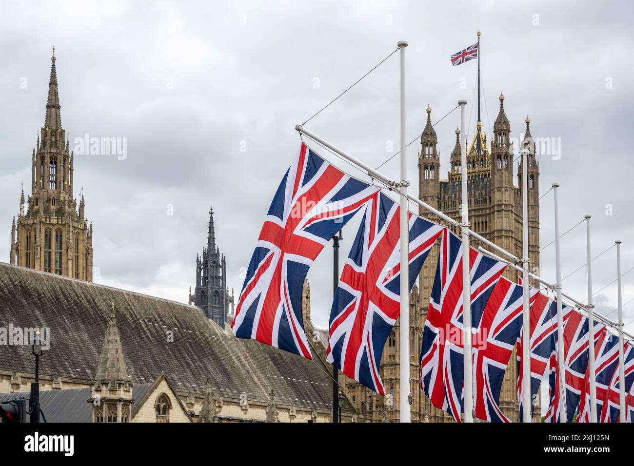 London, UK. 16 July 2024. Union flags have been installed facing the ...