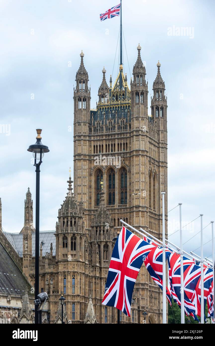 London, UK. 16 July 2024. Union flags have been installed facing the ...