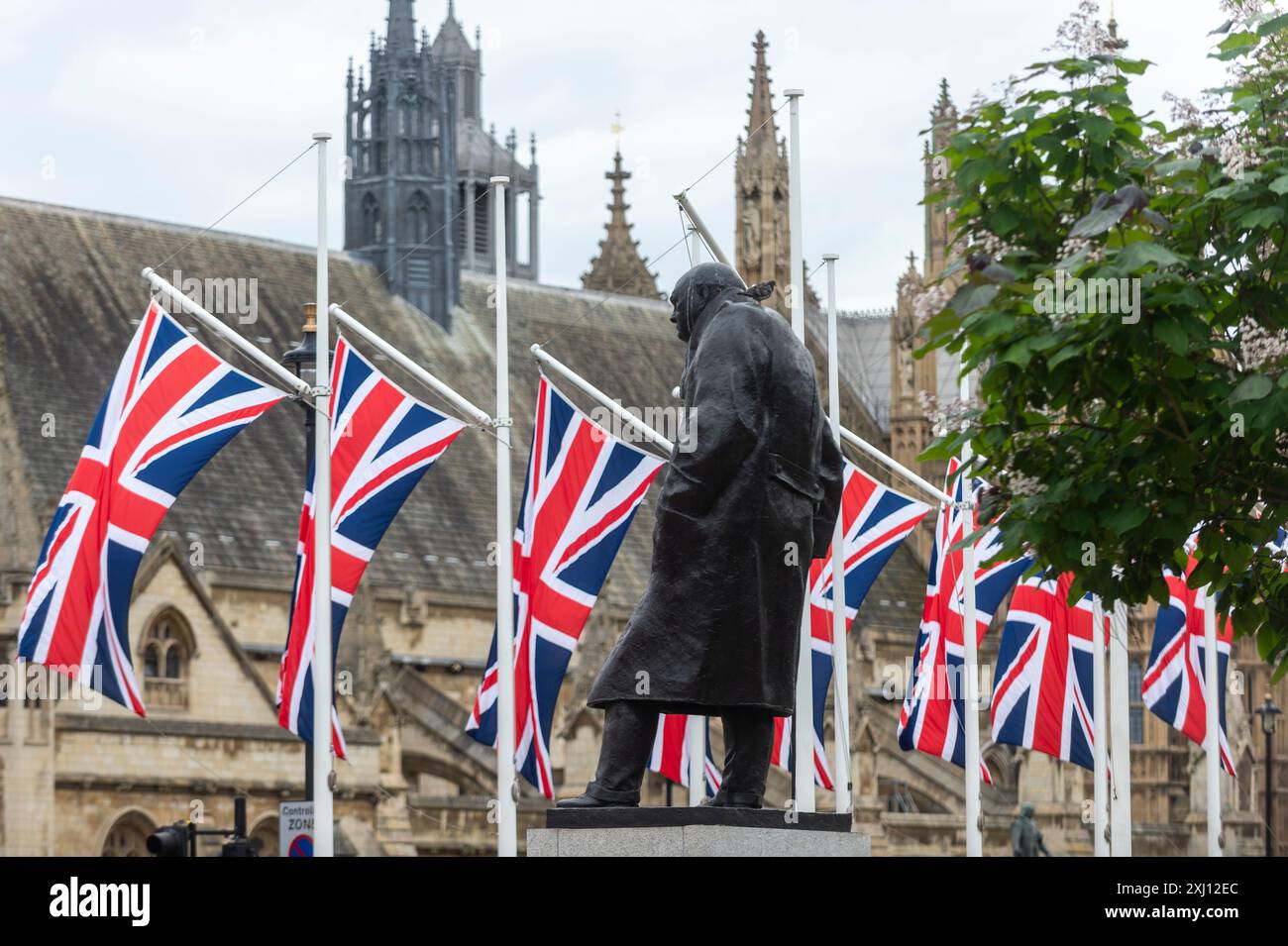 London, UK. 16 July 2024. Union flags have been installed facing the ...