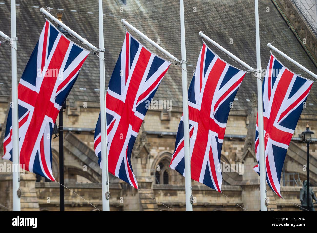 London, UK. 16 July 2024. Union flags have been installed facing the ...
