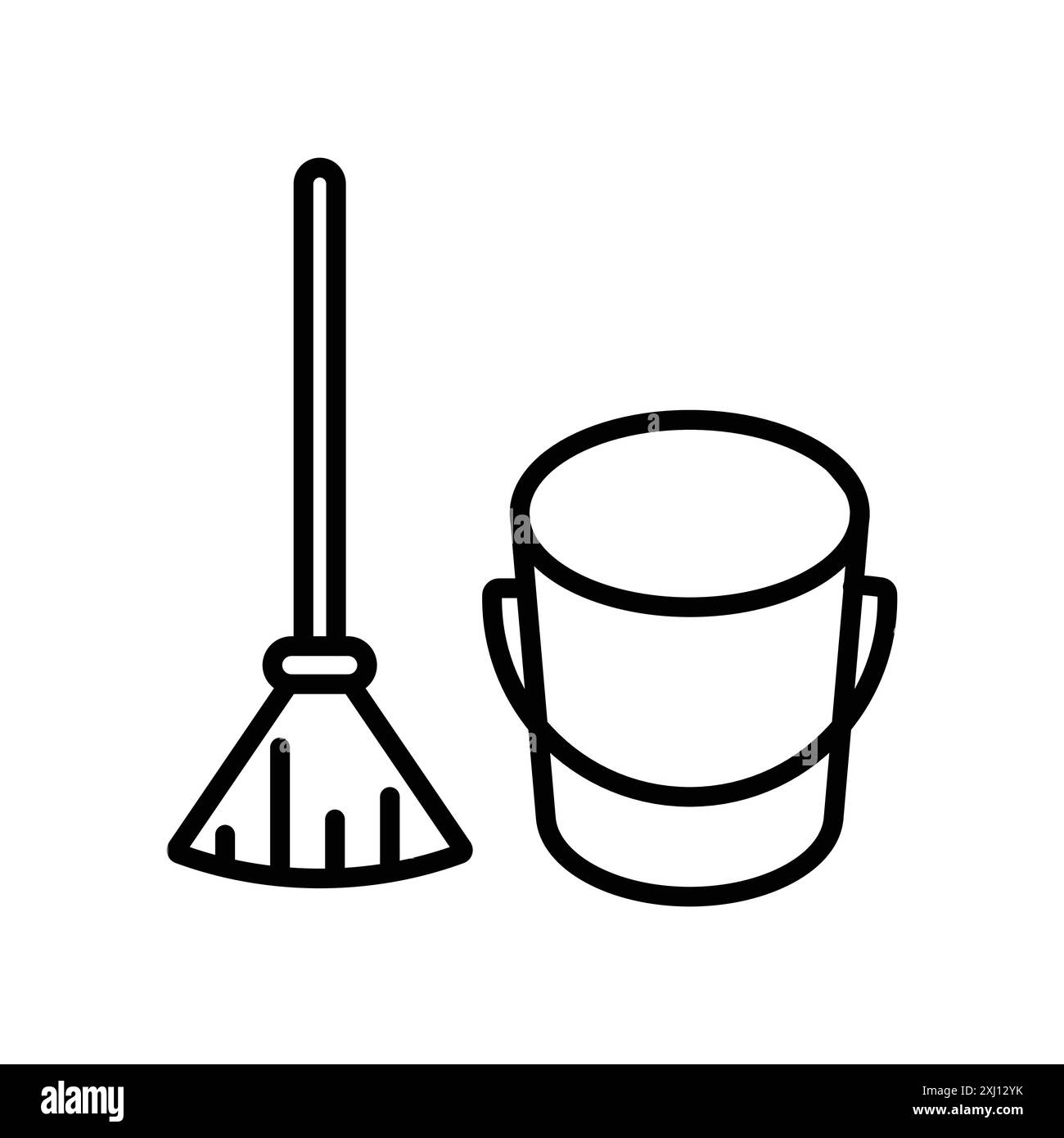 besom with stick and pail icon linear logo mark set collection in black ...