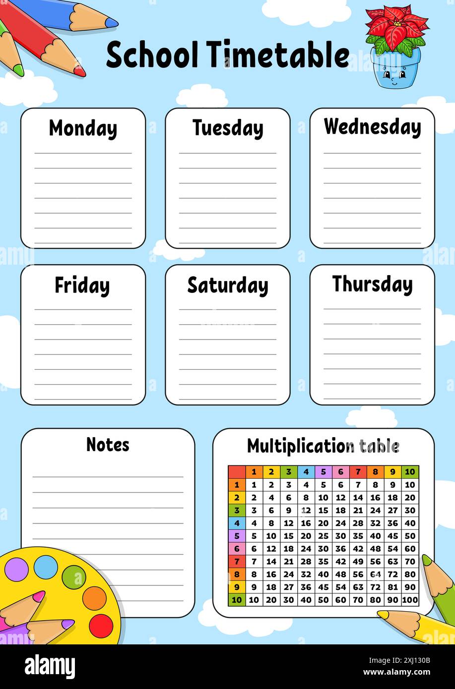 School timetable. For the education of children. Isolated on color ...