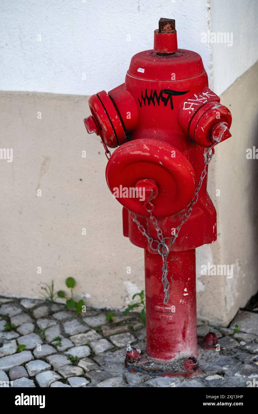 Red fire hydrant on a street in Setúbal which is a busy port and ...