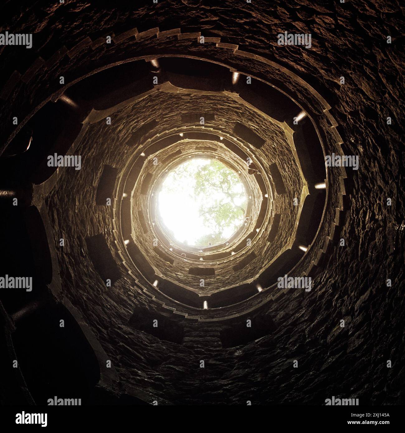 Inverted Tower in Quinta da Regaleira. View upwards from the bottom of ...