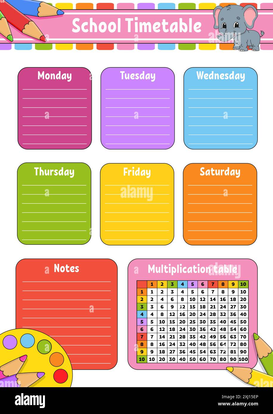 School timetable with multiplication table. For the education of ...