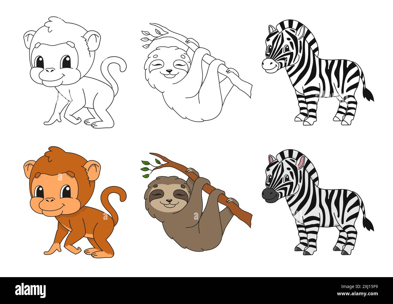Set coloring page for kids. Cute cartoon characters. Black stroke. With ...