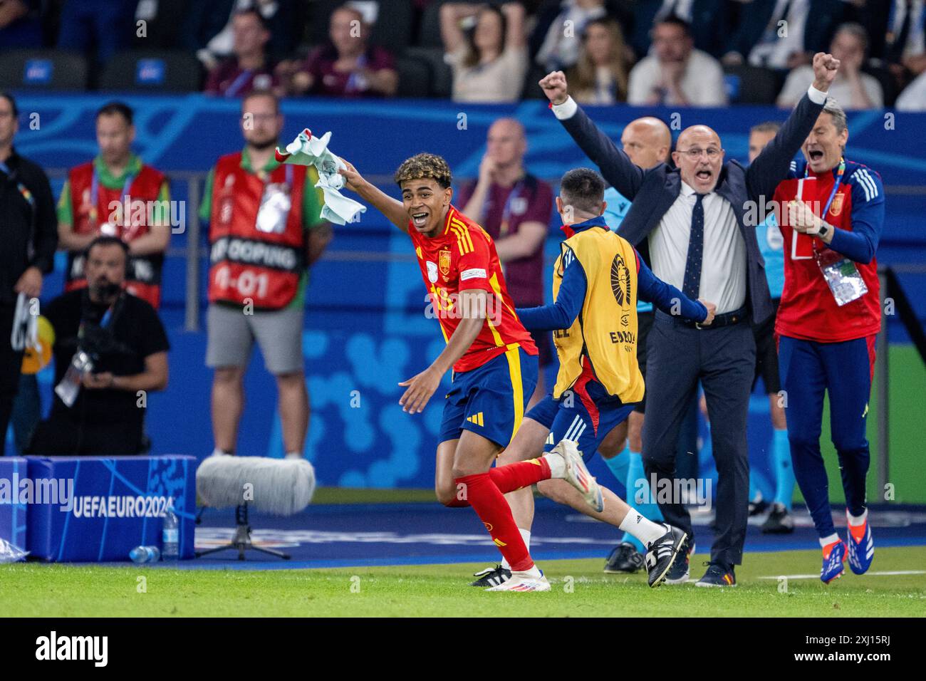 BERLIN, GERMANY - JULY 14: Lamine Yamal of Spain celebrates after ...